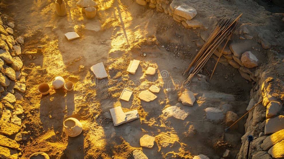 Ancient Archaeological Dig Site with Clay Pottery and Stone Tablets at ...