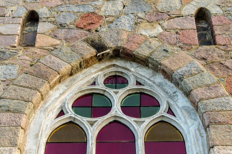 Ancient Arched Glass Windows Installed in a Stone Castle Wall Stock ...