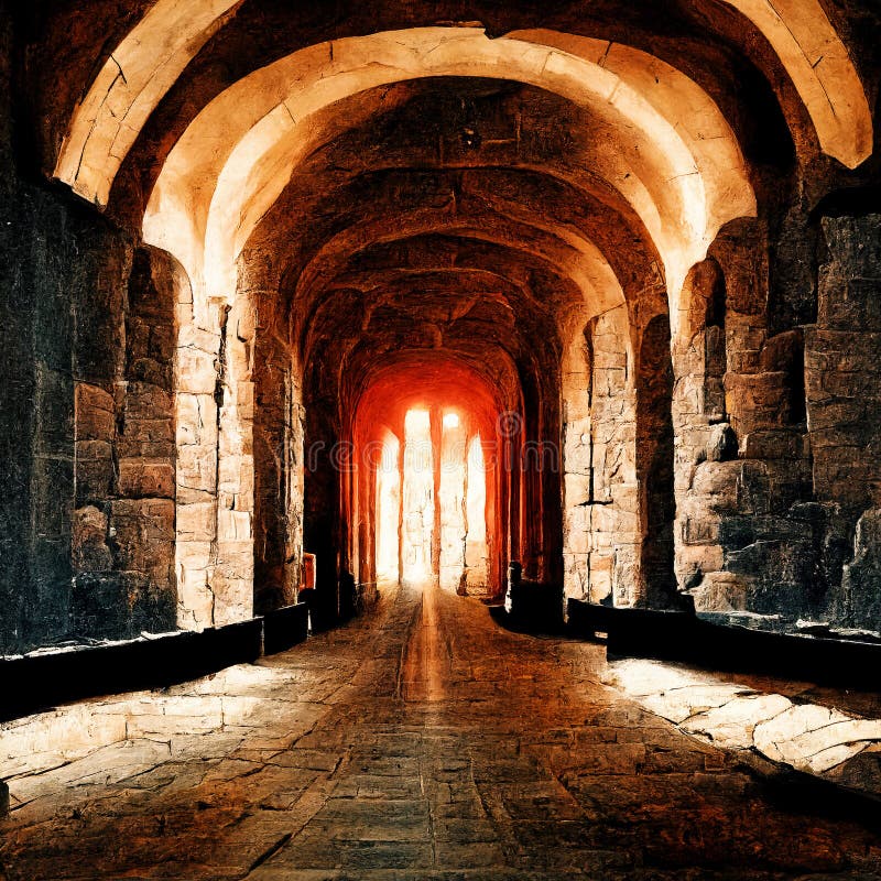 Ancient Arched Stone Corridor. at the End of the Corridor Spots of ...