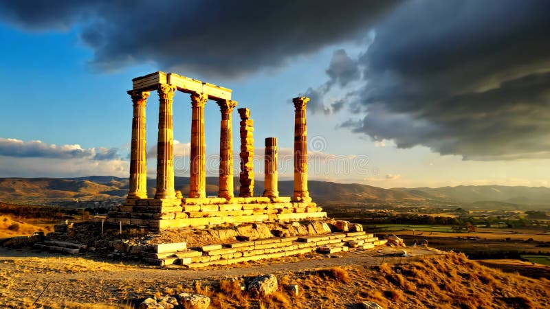 Ancient Architectural Ruins with Pillars on a Hill Overlooking a Valley ...