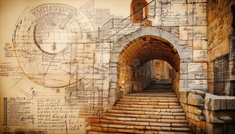 Ancient Architectural Sketch Collage with Stone Arch Backdrop Stock ...