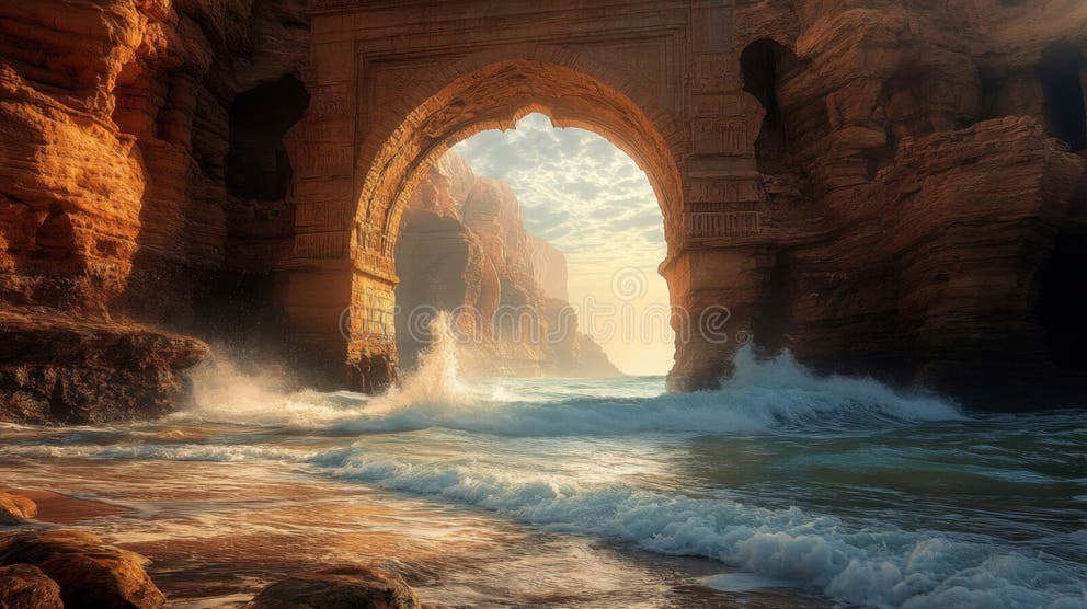 Ancient Archway Framing Ocean Waves at Sunset Stock Illustration ...