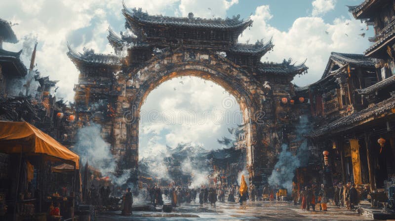 Ancient Asian City Gate Archway Scene Stock Illustration - Illustration ...
