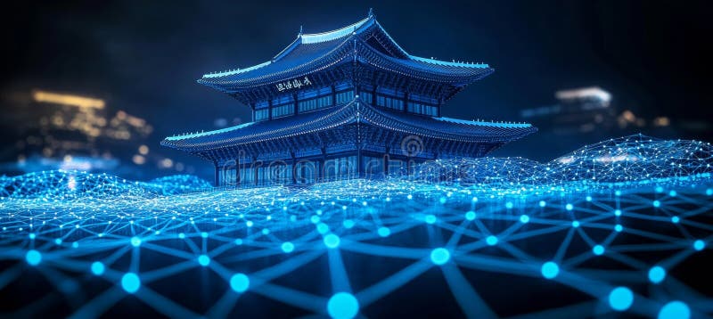 Ancient Asian Temple Emerging from Futuristic Digital Mesh Network ...