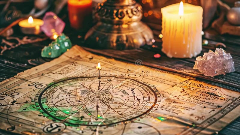 Mystical Astrology Map with Candles and Crystals Stock Video - Video of ...