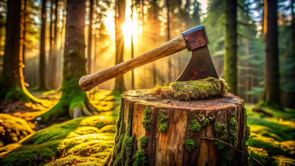 Ancient Axe Deeply Embedded in Weathered Tree Stump a Panoramic ...