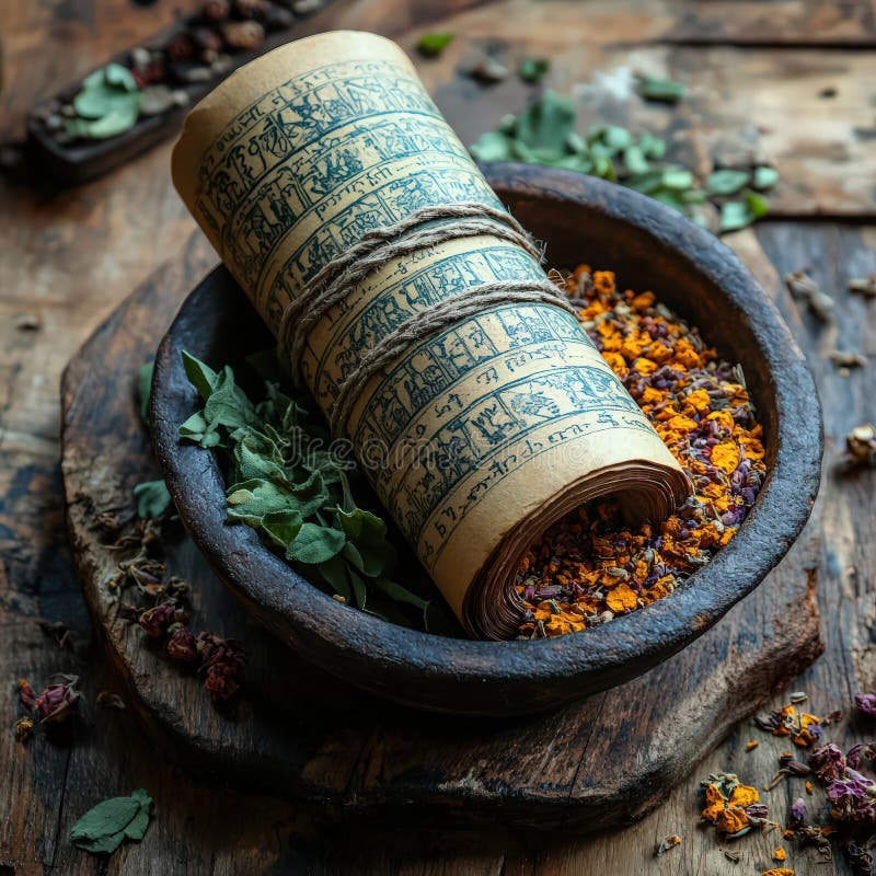 Ancient Ayurvedic Scrolls and Mortar with Dried Herbs on a Rustic ...