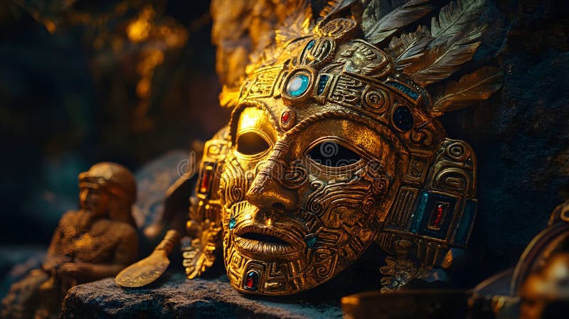Ancient Aztec Gold Mask Amidst Artifacts in a Dimly Lit Cave Setting ...
