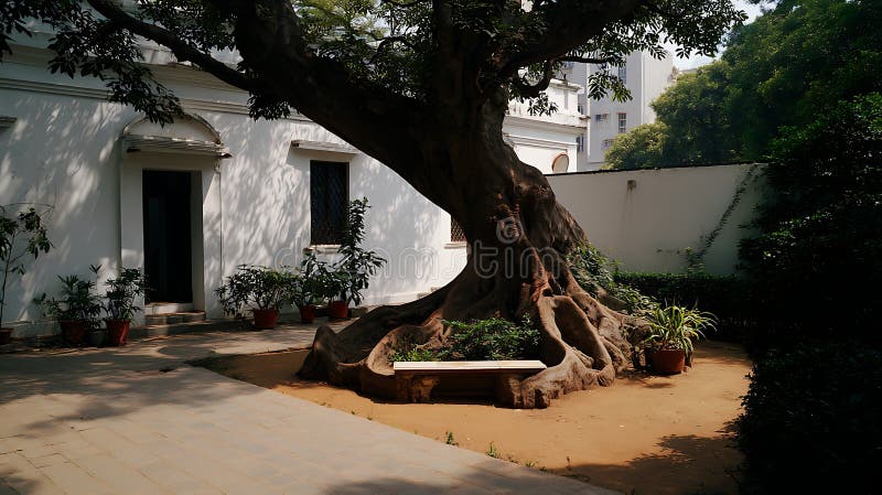 Ancient Banyan Tree Root System with Stone Bench and White Building ...