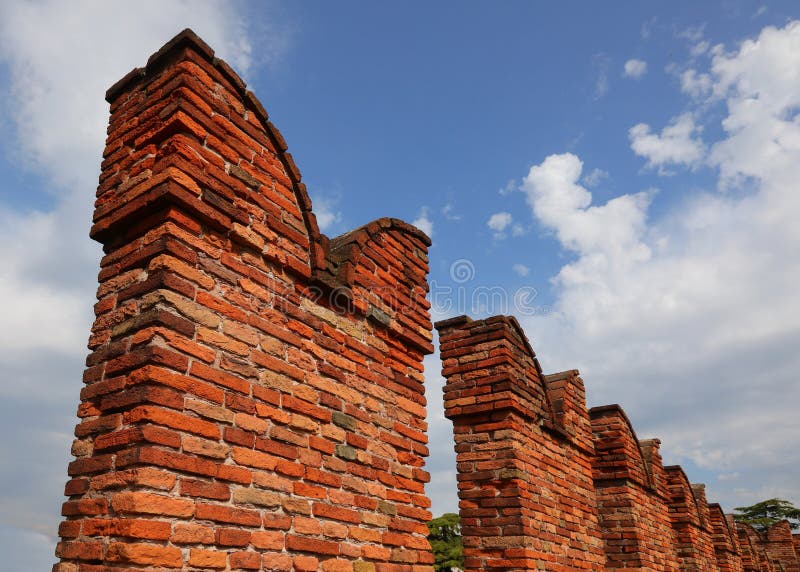 Ancient Battlements with Crenellations on the Wall Made with Old Bricks ...