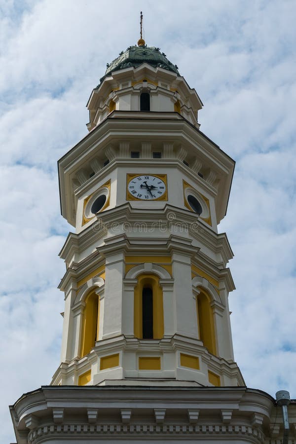 Ancient Beautiful Tower with a Clock with a Pointed Spire on the Top ...