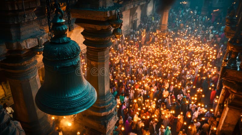 Ancient Bell Hangs Above Temple Gathering Holding Lights Stock Image ...