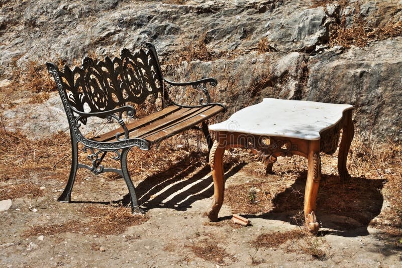 Ancient bench and table. stock image. Image of orthodox - 14680585
