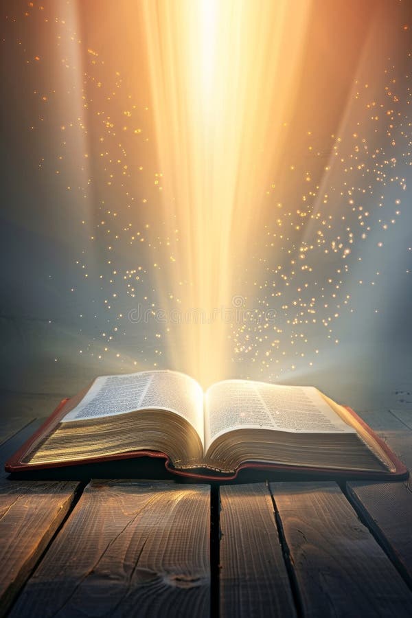 Ancient Bible Illuminated by Divine Light in a Serene Study Room at ...