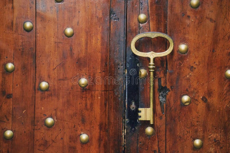 Ancient Big Key Decorating Old Dark Brawn Door Stock Photo - Image of ...