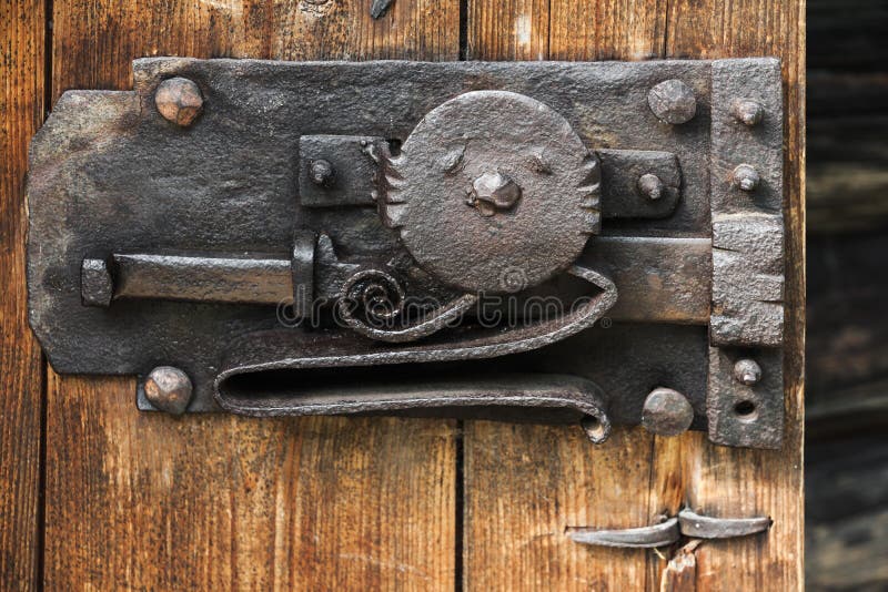 Ancient Black Lock on Rough Door Stock Image - Image of open, design ...