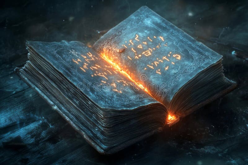 Ancient, Blue, Enchanting Book with Glowing Script and Flames Stock ...