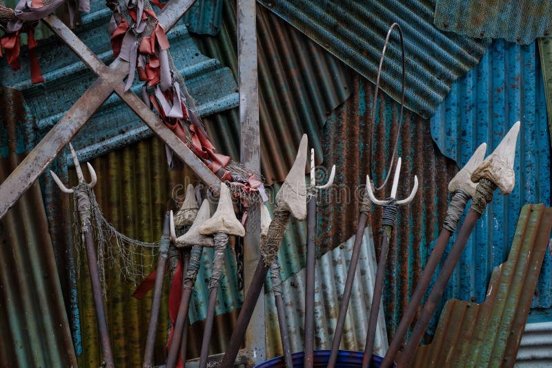 Ancient Bone Weapon Display in Front of Rusty Metal Wall Stock Photo ...