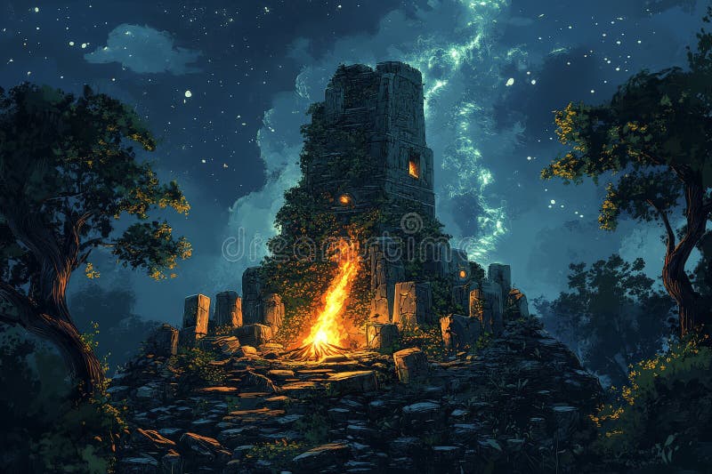 Ancient Bonfire Amidst Gnarled Trees Stock Illustration - Illustration ...