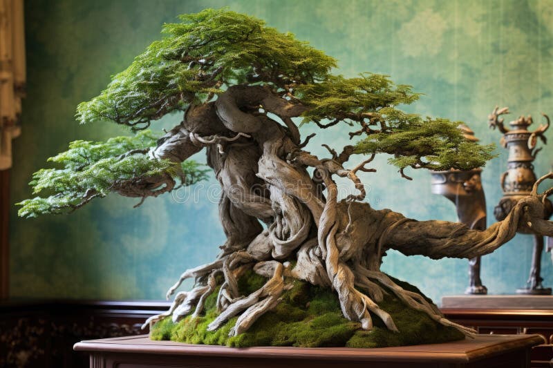 Ancient Bonsai Tree with Twisted Trunk and Lush Foliage Stock ...