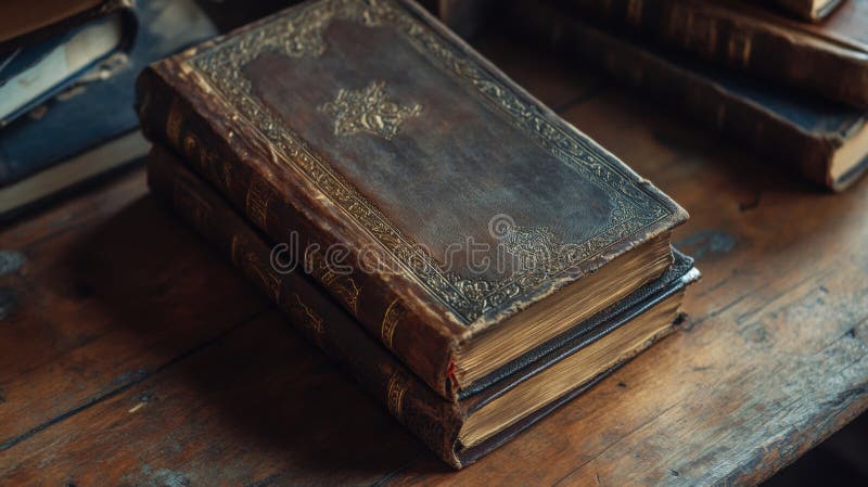 Ancient Book Bound with Leather Featuring Medieval Illustrations Stock ...