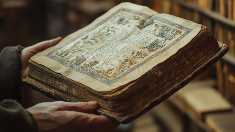 Ancient Book Bound with Leather Featuring Medieval Illustrations Stock ...
