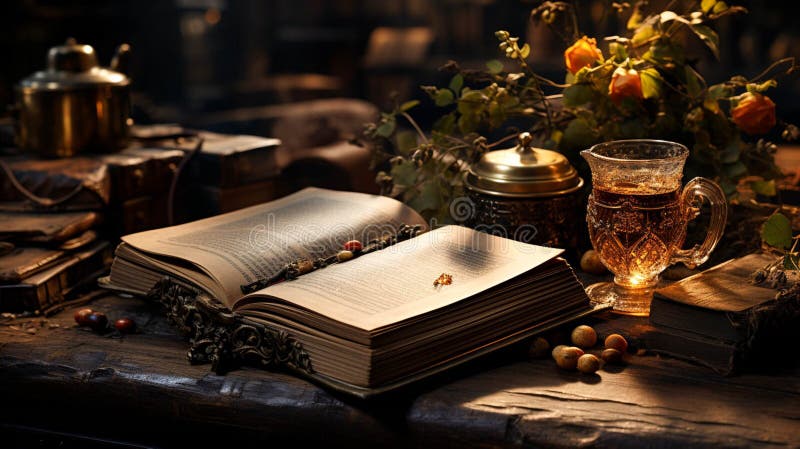 Ancient Book and a Cup of Tea in Library Table Stock Image - Image of ...