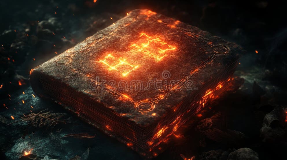 Ancient Book Emblazoned with Glowing Runes in Flames Stock Illustration ...
