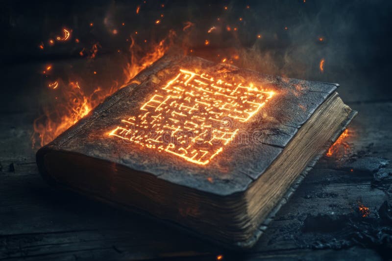 An Ancient Book Emblazoned with Glowing Runes and Surrounded by Flames ...
