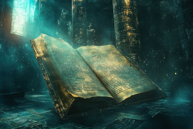 Ancient Book Floating Mystical Library Filled Light Shadows Stock ...