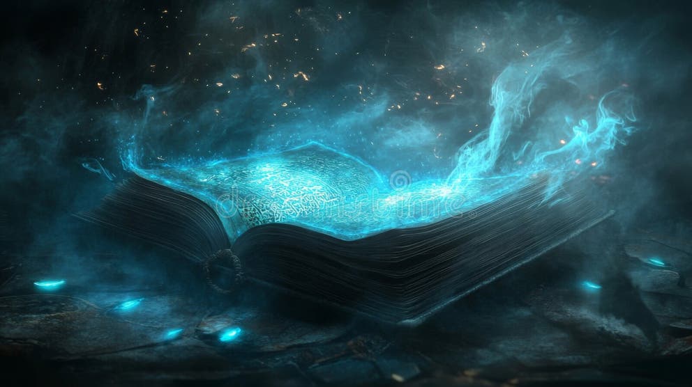 Ancient Book Glowing with Blue Magic and Smoke Stock Illustration ...