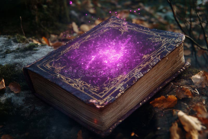 An Ancient Book Glowing with Purple Magic in a Forest Setting Stock ...