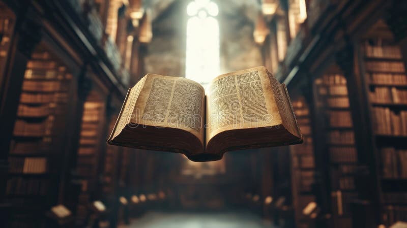 Ancient Book Hovering in Mysterious Library with Sunlight through ...