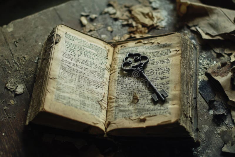 Ancient Book and Key on Weathered Table Stock Image - Image of ...