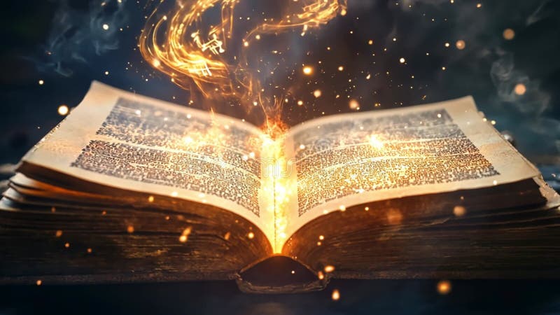 Magic Emanates from an Ancient Book Open on a Dark Surface, with ...