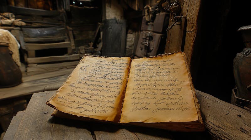 Ancient Book Open, Rustic Cabin Interior, Historical Setting ...