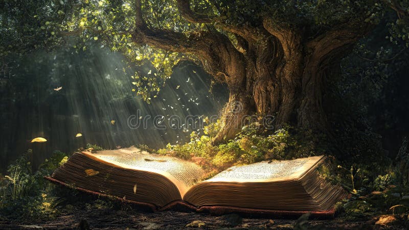 Ancient Book Open Under Magical Tree, Sun Rays Stock Illustration ...