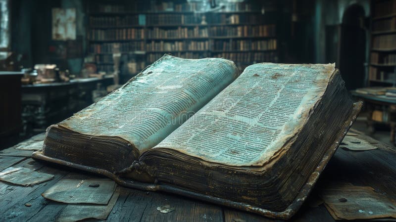 An Ancient Book is Open on a Wooden Table in a Dusty, Old Library with ...