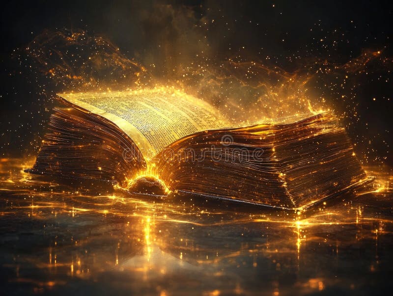 Ancient Book Opens Display Glowing Golden Text Symbolizing Divine ...