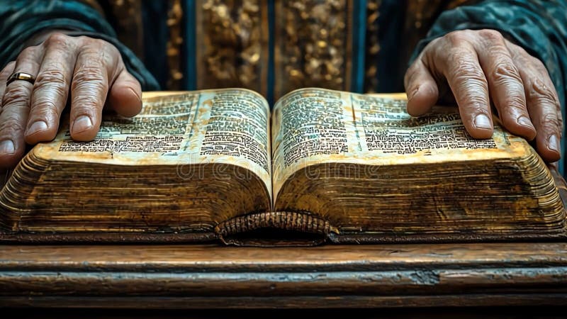 Ancient Book with Worn Pages Held in Hands, Showcasing Intricate Text ...