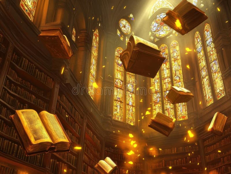 Ancient Books Fly in a Magical Library Stock Illustration ...
