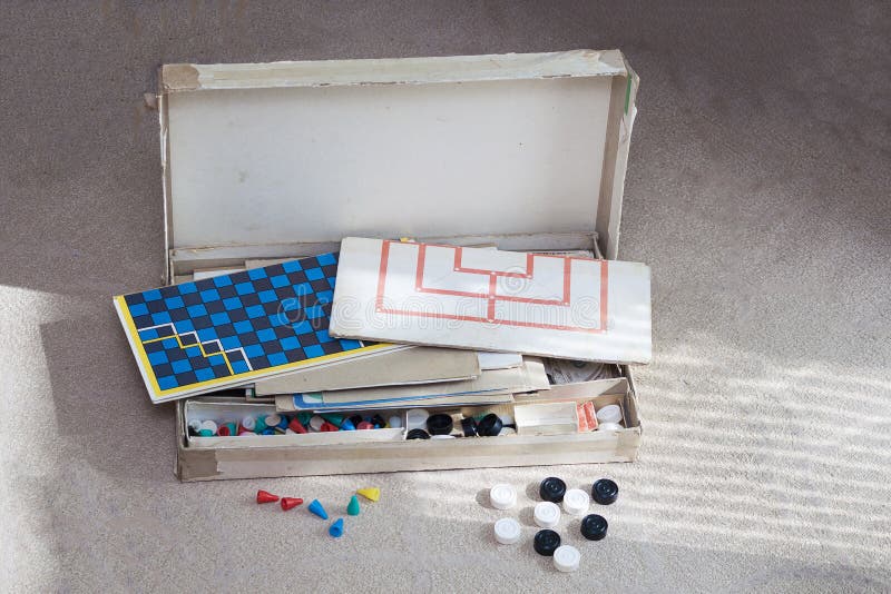 Ancient Box with Different Board Games. Hobby Relax Concept Stock Photo ...