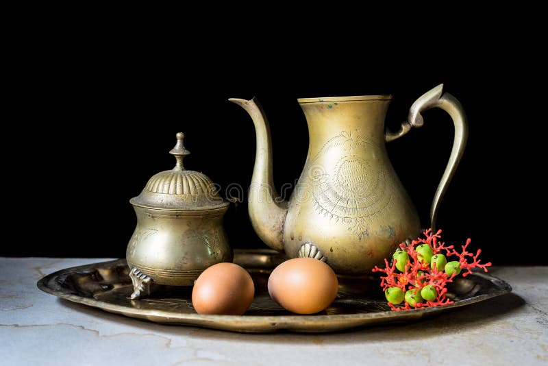 Ancient brass tea pot set stock photo. Image of breakfast - 37229900