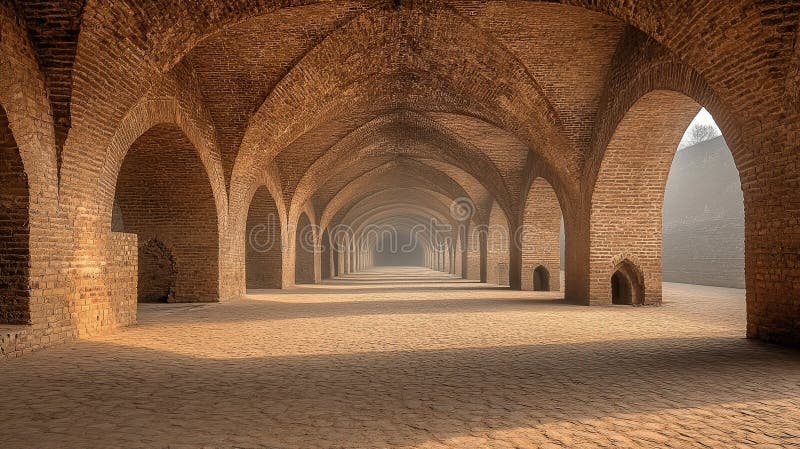 Ancient Brick Arcade Hallway, Misty Sunrise, Historical Site ...