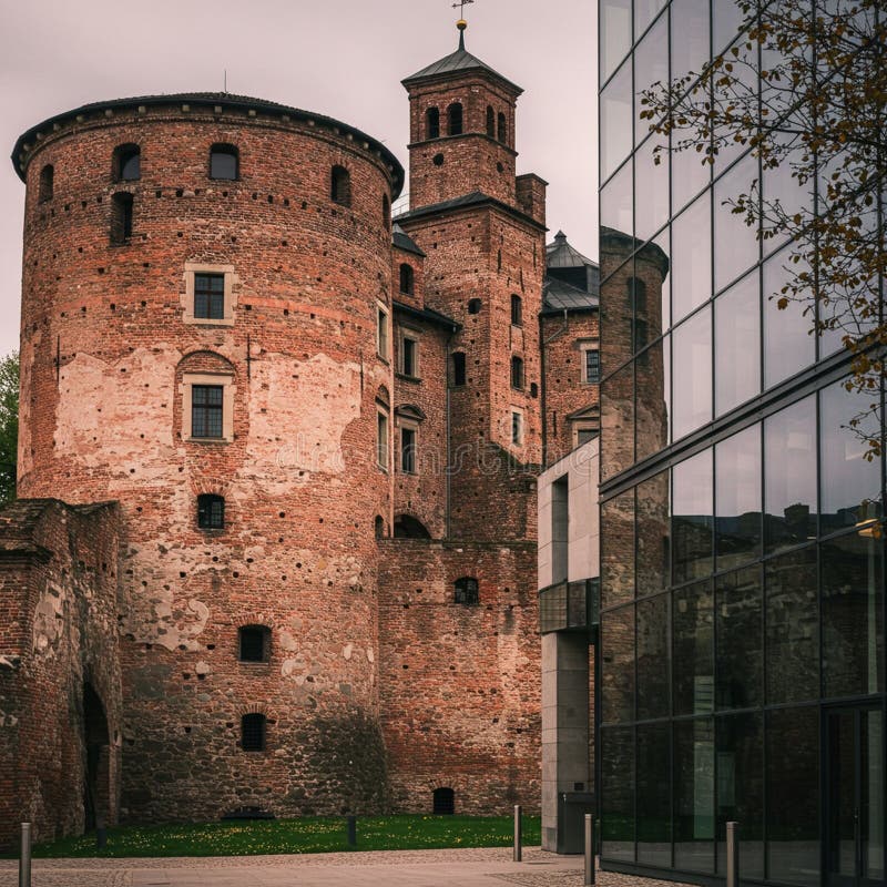 Ancient Brick Castle with Circular Towers Shows Medieval Architecture ...