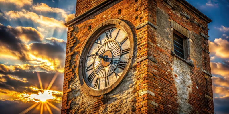Ancient Brick Clock Tower at Sunset with Dramatic Sky. Generative AI ...