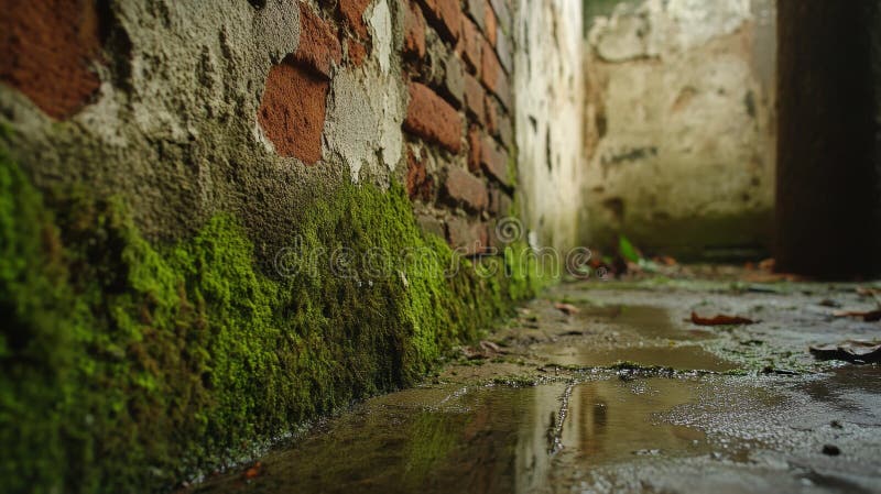 Ancient Brick Wall Texture Green Moss and Damp Surface Background Stock ...
