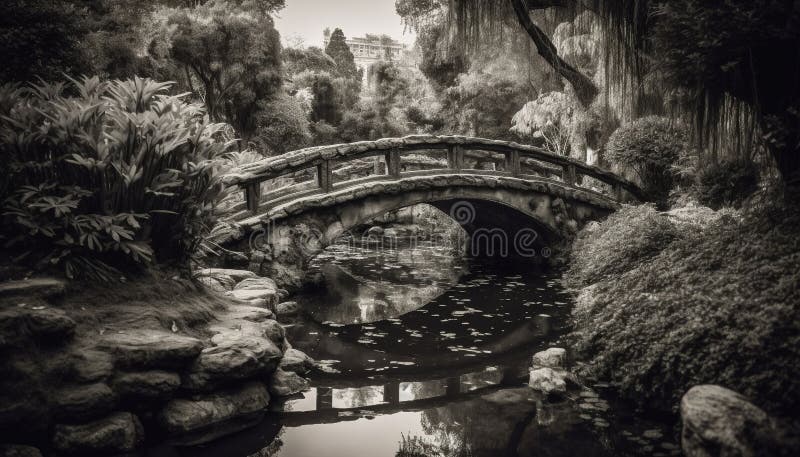 Ancient Bridge Arches Over Tranquil Forest Pond Generated by AI Stock ...