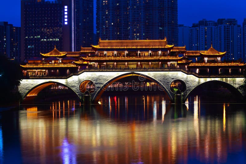 Ancient Bridge Building of Night in Chengdu Stock Photo - Image of ...