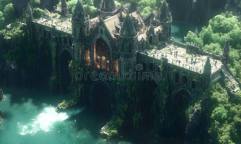 Ruined Bridge in Lush Forest Stock Illustration - Illustration of ...